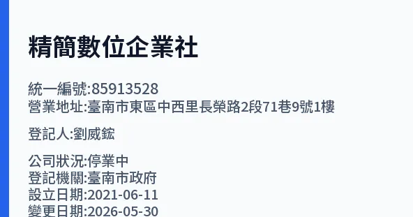 精簡數位企業社的照片-統編 85913528(臺南市) 公司登記資料與營業項目詳細圖表