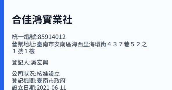合佳鴻實業社的照片-統編 85914012(臺南市) 公司登記資料與營業項目詳細圖表