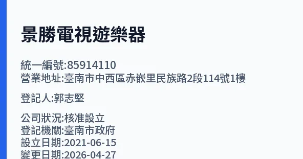 景勝電視遊樂器的照片-統編 85914110(臺南市) 公司登記資料與營業項目詳細圖表