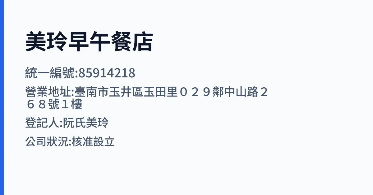 美玲早午餐店 - 統編 85914218(臺南市) 公司登記資料與營業項目詳細圖表