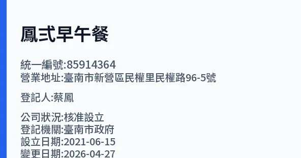 鳳弍早午餐的照片-統編 85914364(臺南市) 公司登記資料與營業項目詳細圖表
