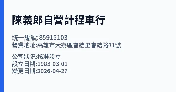 陳義郎自營計程車行的照片-統編 85915103(高雄市) 公司登記資料與營業項目詳細圖表