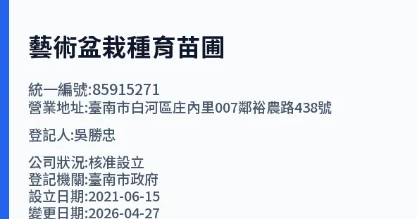 藝術盆栽種育苗圃的照片-統編 85915271(臺南市) 公司登記資料與營業項目詳細圖表