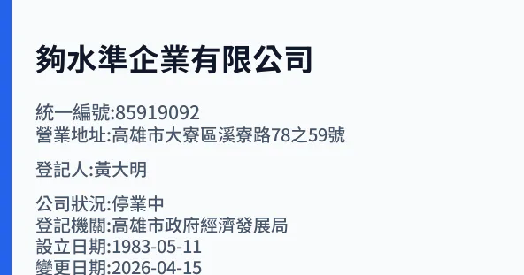 夠水準企業有限公司的照片-統編 85919092(高雄市) 公司登記資料與營業項目詳細圖表