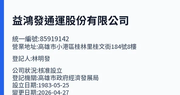 益鴻發通運股份有限公司的照片-統編 85919142(高雄市) 公司登記資料與營業項目詳細圖表