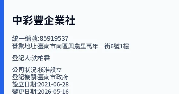 中彩豐企業社的照片-統編 85919537(臺南市) 公司登記資料與營業項目詳細圖表