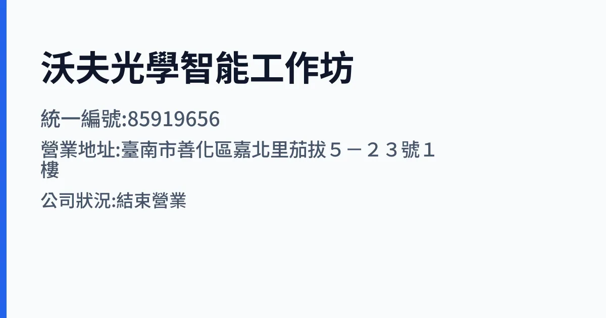 沃夫光學智能工作坊 - 統編 85919656（臺南市） 公司登記資料與營業項目詳細圖表