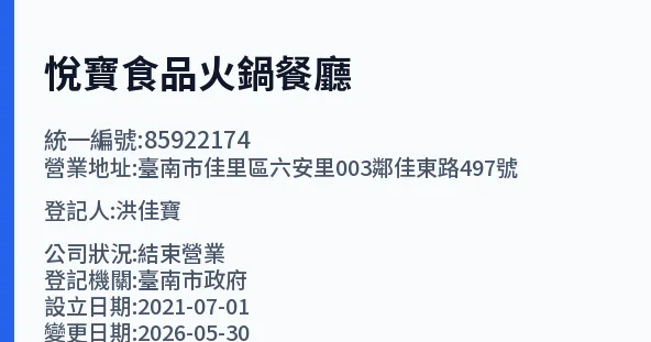 悅寶食品火鍋餐廳的照片-統編 85922174(臺南市) 公司登記資料與營業項目詳細圖表
