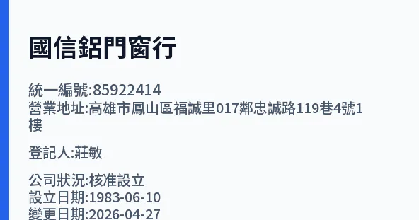 國信鋁門窗行的照片-統編 85922414(高雄市) 公司登記資料與營業項目詳細圖表