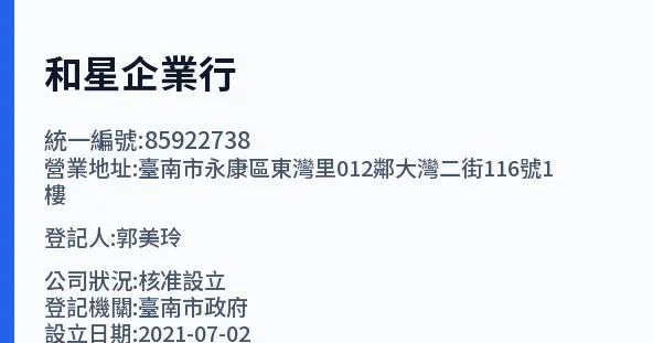 和星企業行的照片-統編 85922738(臺南市) 公司登記資料與營業項目詳細圖表