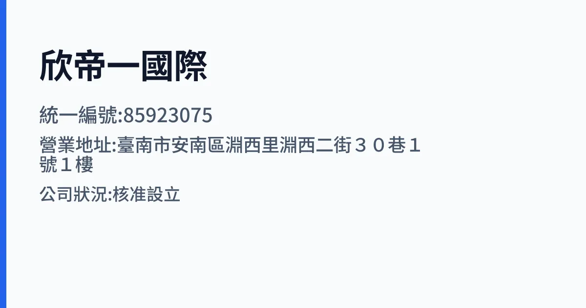 欣帝一國際 - 統編 85923075(臺南市) 公司登記資料與營業項目詳細圖表