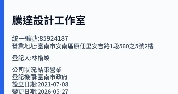 騰達設計工作室的照片-統編 85924187(臺南市) 公司登記資料與營業項目詳細圖表