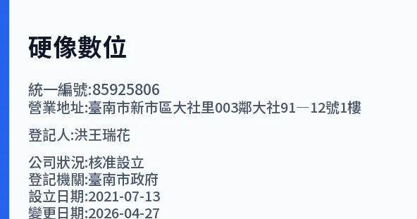 硬像數位的照片-統編 85925806(臺南市) 公司登記資料與營業項目詳細圖表