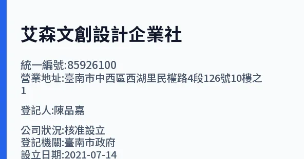 艾森文創設計企業社的照片-統編 85926100(臺南市) 公司登記資料與營業項目詳細圖表