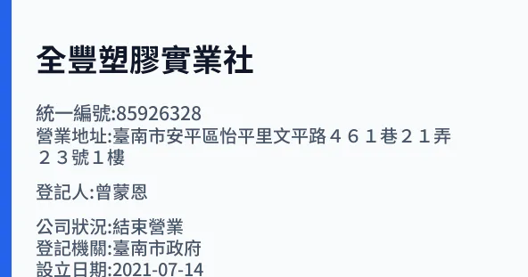 全豐塑膠實業社的照片-統編 85926328(臺南市) 公司登記資料與營業項目詳細圖表
