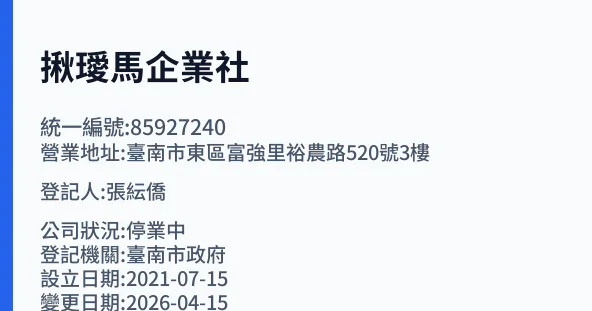 揪璦馬企業社的照片-統編 85927240(臺南市) 公司登記資料與營業項目詳細圖表