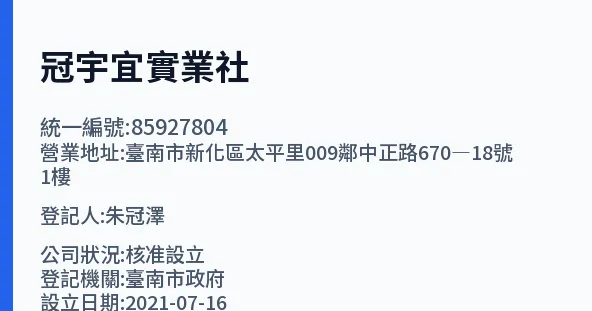 冠宇宜實業社的照片-統編 85927804(臺南市) 公司登記資料與營業項目詳細圖表