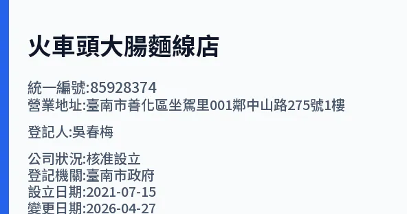 火車頭大腸麵線店的照片-統編 85928374(臺南市) 公司登記資料與營業項目詳細圖表