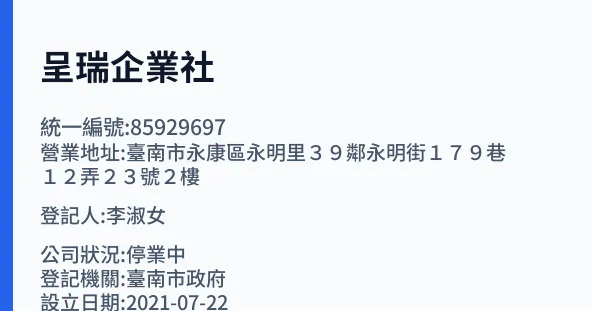 呈瑞企業社的照片-統編 85929697(臺南市) 公司登記資料與營業項目詳細圖表