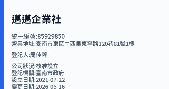 邁邁企業社的照片-統編 85929850(臺南市) 公司登記資料與營業項目詳細圖表