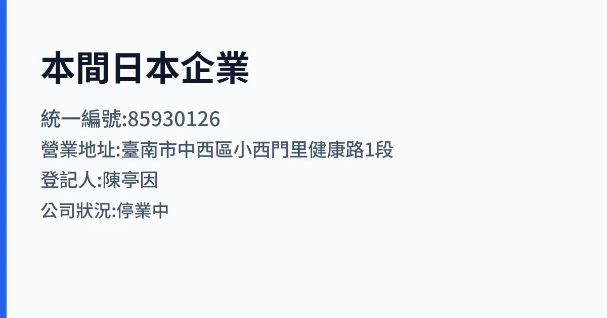 本間日本企業 - 統編 85930126(臺南市) 公司登記資料與營業項目詳細圖表