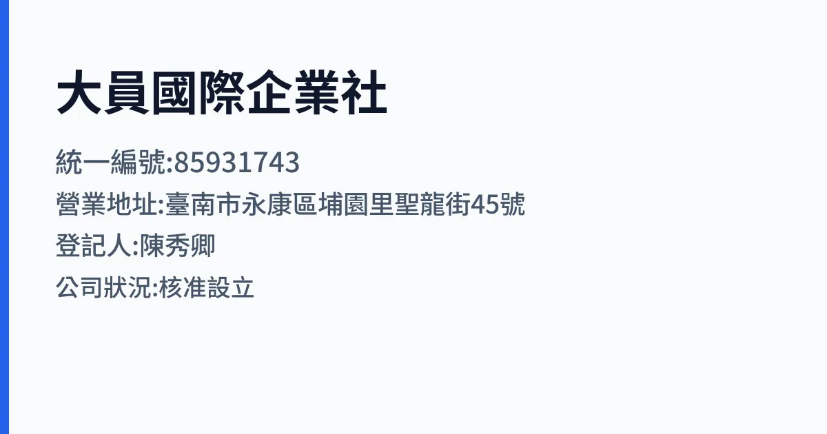 大員國際企業社 - 統編 85931743（臺南市） 公司登記資料與營業項目詳細圖表