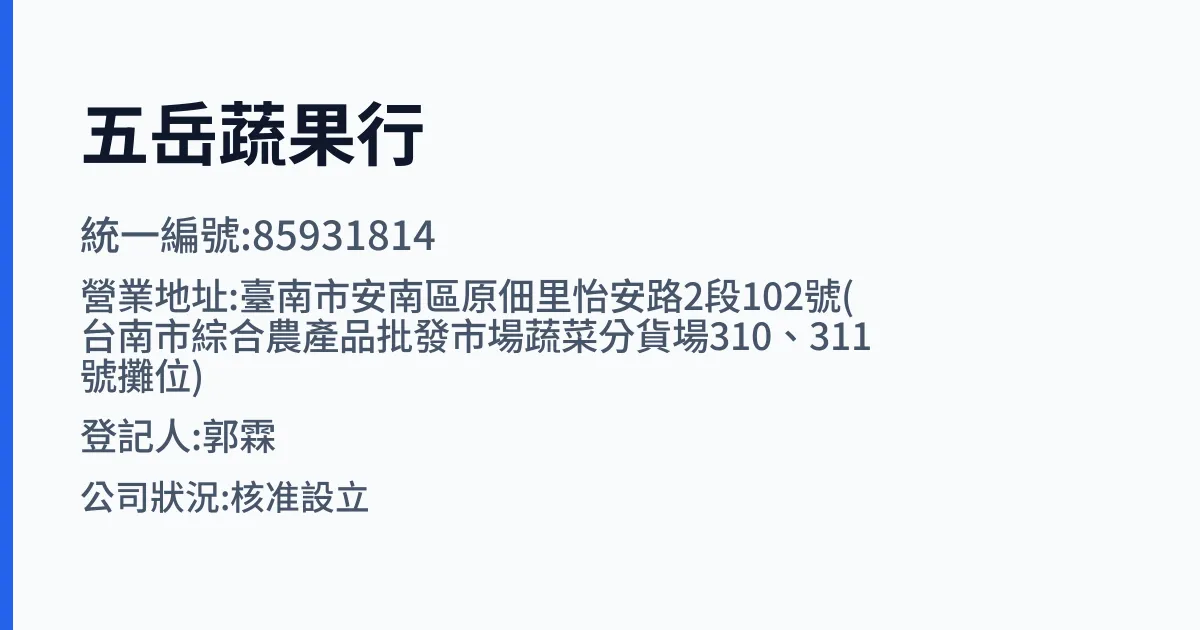 五岳蔬果行 - 統編 85931814(臺南市) 公司登記資料與營業項目詳細圖表