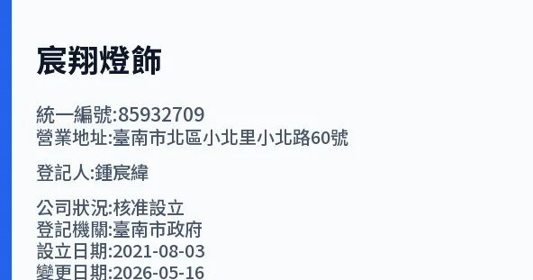 宸翔燈飾的照片-統編 85932709(臺南市) 公司登記資料與營業項目詳細圖表