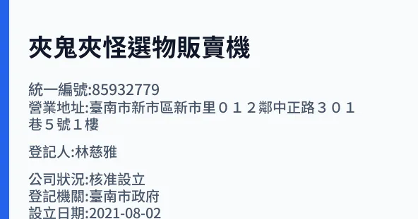 夾鬼夾怪選物販賣機的照片-統編 85932779(臺南市) 公司登記資料與營業項目詳細圖表