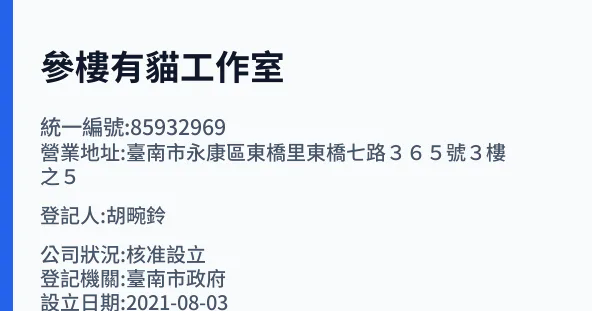 參樓有貓工作室的照片-統編 85932969(臺南市) 公司登記資料與營業項目詳細圖表