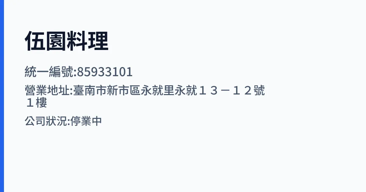 伍園料理 - 統編 85933101(臺南市) 公司登記資料與營業項目詳細圖表