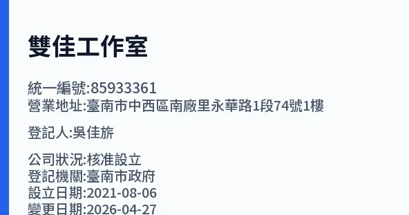 雙佳工作室的照片-統編 85933361(臺南市) 公司登記資料與營業項目詳細圖表