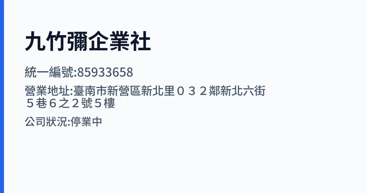 九竹彌企業社 - 統編 85933658 (臺南市) 公司登記資料與營業項目詳細圖表