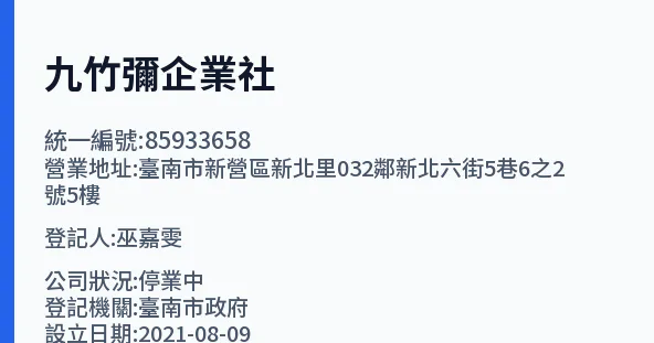 九竹彌企業社的照片-統編 85933658(臺南市) 公司登記資料與營業項目詳細圖表