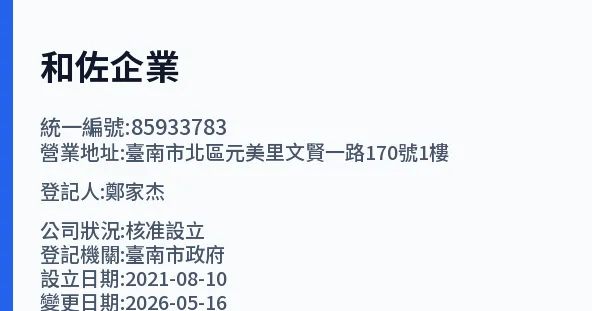 和佐企業的照片-統編 85933783(臺南市) 公司登記資料與營業項目詳細圖表