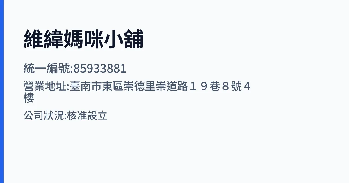 維緯媽咪小舖 - 統編 85933881(臺南市) 公司登記資料與營業項目詳細圖表