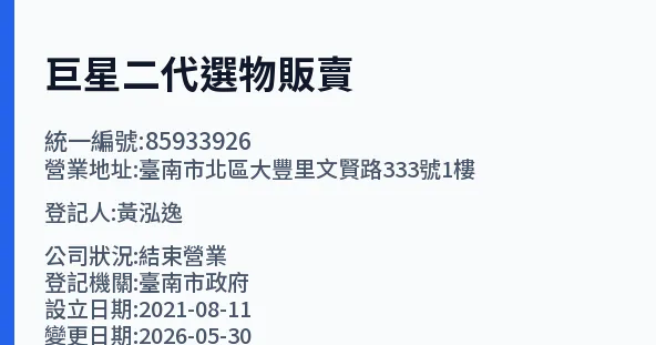 巨星二代選物販賣的照片-統編 85933926(臺南市) 公司登記資料與營業項目詳細圖表