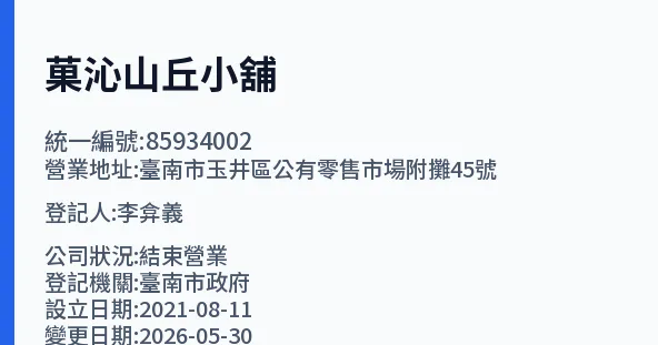 菓沁山丘小舖的照片-統編 85934002(臺南市) 公司登記資料與營業項目詳細圖表