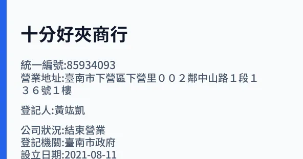 十分好夾商行的照片-統編 85934093(臺南市) 公司登記資料與營業項目詳細圖表