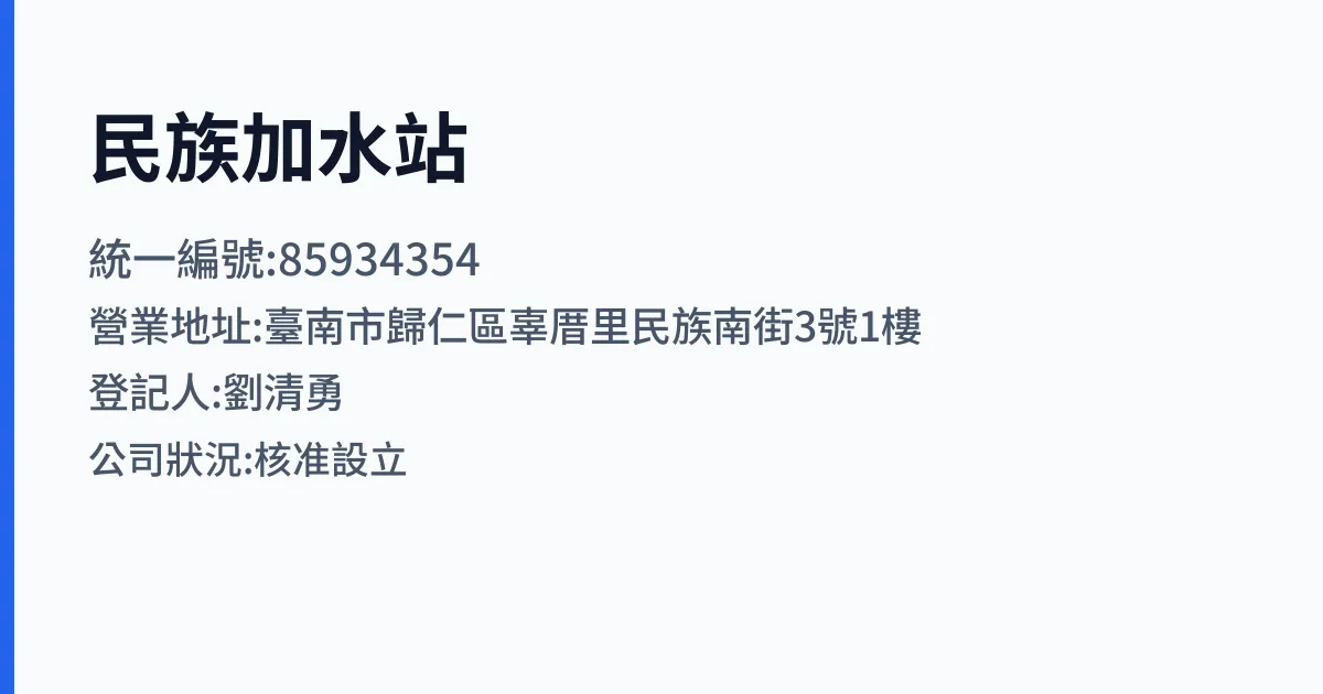 民族加水站 - 統編 85934354(臺南市) 公司登記資料與營業項目詳細圖表