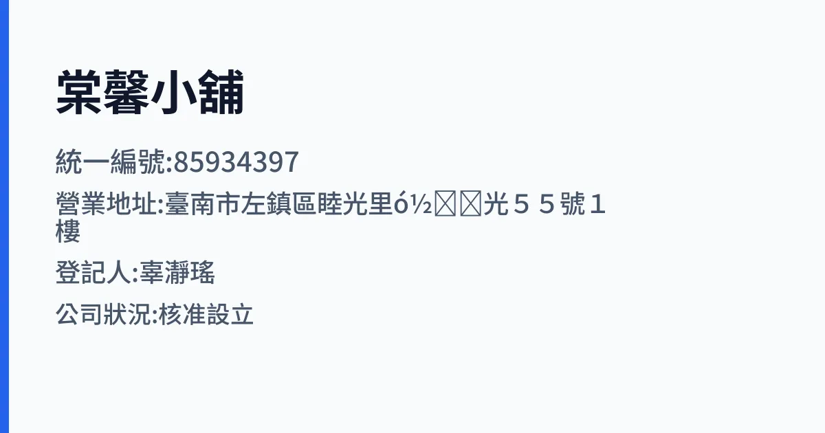棠馨小舖 - 統編 85934397(臺南市) 公司登記資料與營業項目詳細圖表