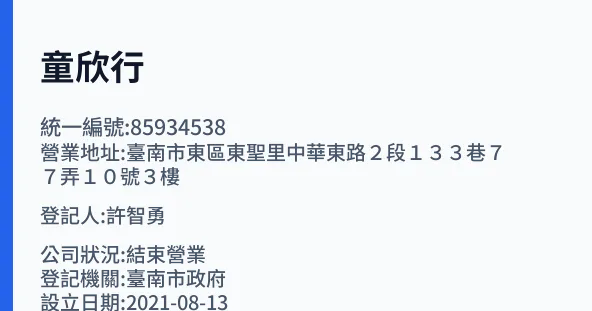 童欣行的照片-統編 85934538(臺南市) 公司登記資料與營業項目詳細圖表
