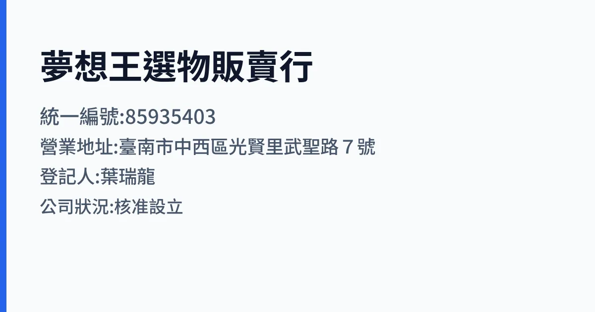 夢想王選物販賣行 - 統編 85935403(臺南市) 公司登記資料與營業項目詳細圖表
