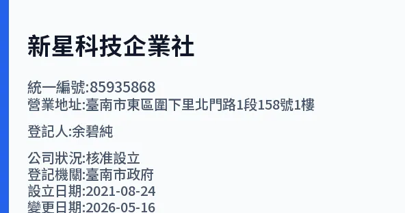 新星科技企業社的照片-統編 85935868(臺南市) 公司登記資料與營業項目詳細圖表