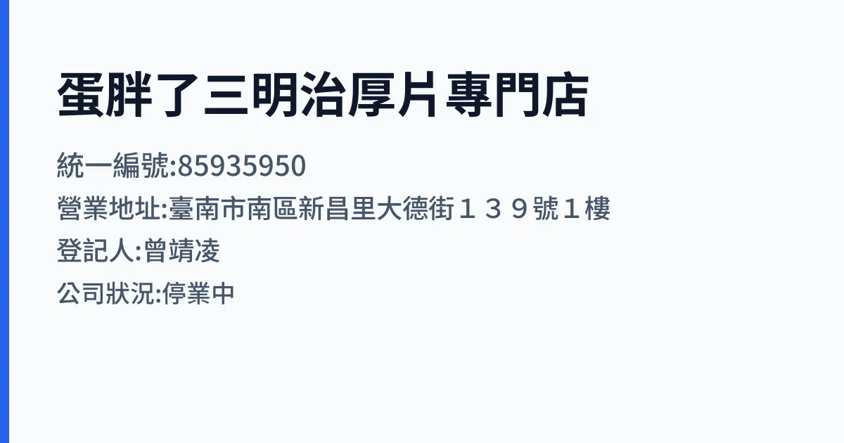 蛋胖了三明治厚片專門店 - 統編 85935950（臺南市） 公司登記資料與營業項目詳細圖表