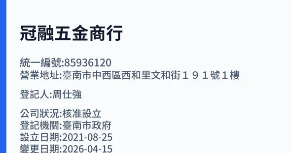 冠融五金商行的照片-統編 85936120(臺南市) 公司登記資料與營業項目詳細圖表