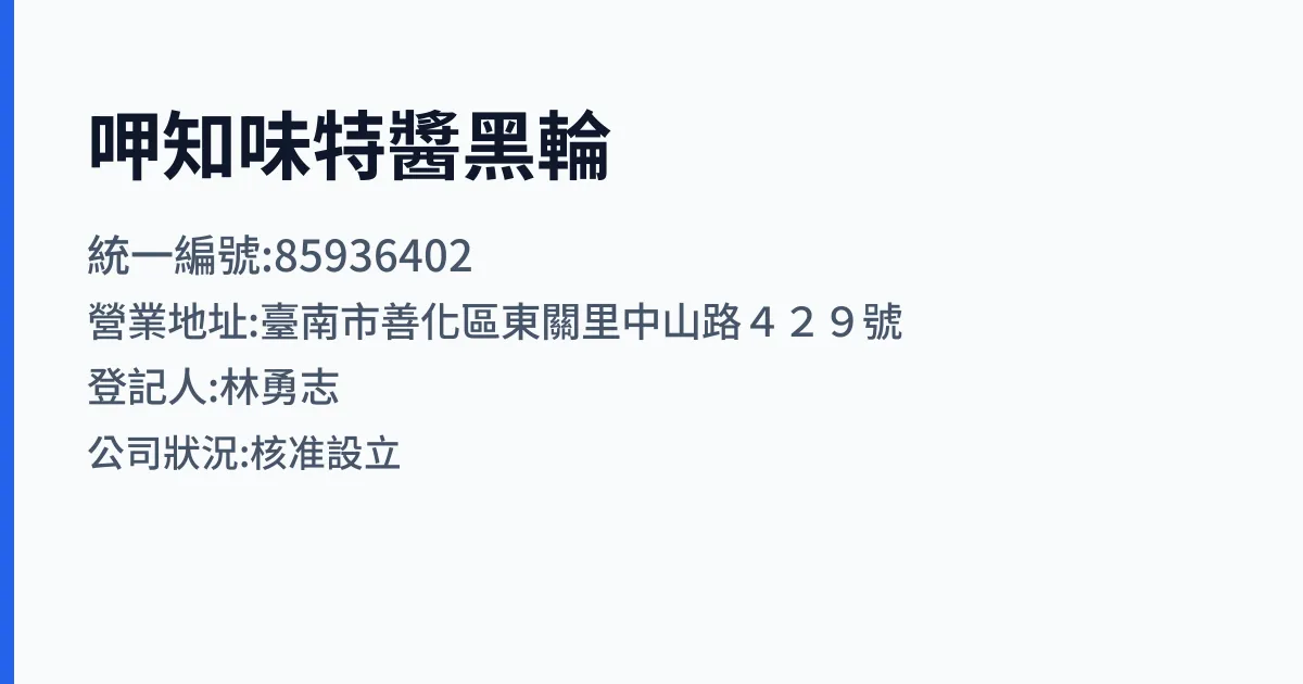 呷知味特醬黑輪 - 統編 85936402(臺南市) 公司登記資料與營業項目詳細圖表