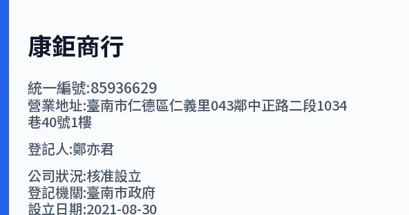 康鉅商行的照片-統編 85936629(臺南市) 公司登記資料與營業項目詳細圖表
