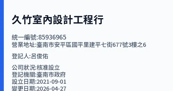 久竹室內設計工程行的照片-統編 85936965(臺南市) 公司登記資料與營業項目詳細圖表