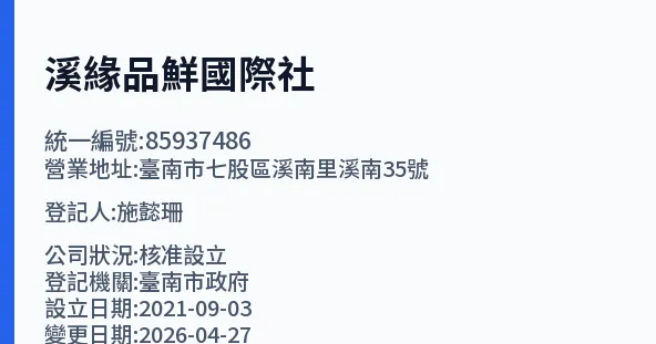 溪緣品鮮國際社的照片-統編 85937486(臺南市) 公司登記資料與營業項目詳細圖表